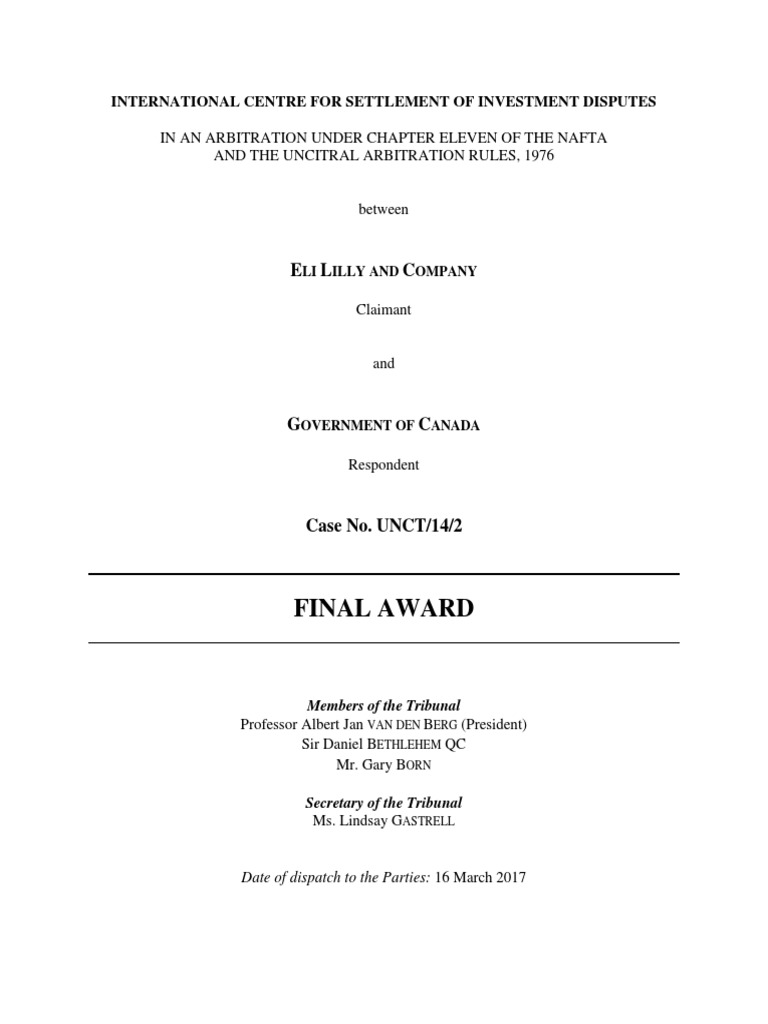 Eli Lilly and Company v. Government of Canada (ICSID Case No. UNCT:14:2 ...