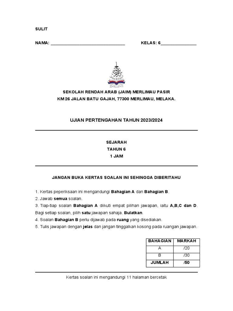 Sej t6 Ujian Pertengahan Tahun | PDF