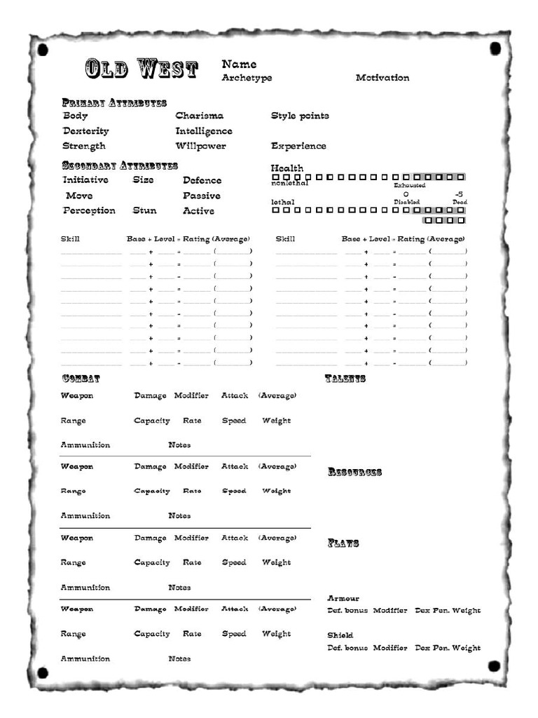 Old West Character Sheet-Form Fillable Version | PDF