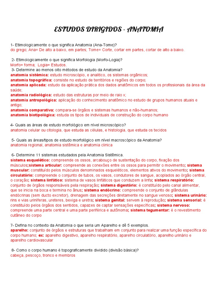 Estudos Dirigidos - Anatomia | PDF