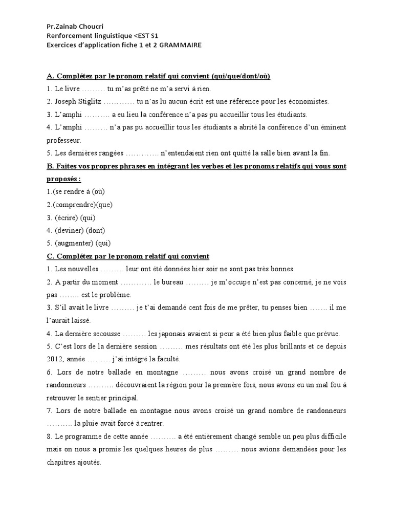 Exercice Application Grammaire Fiche 1,2 | PDF | Études des langues étrangères