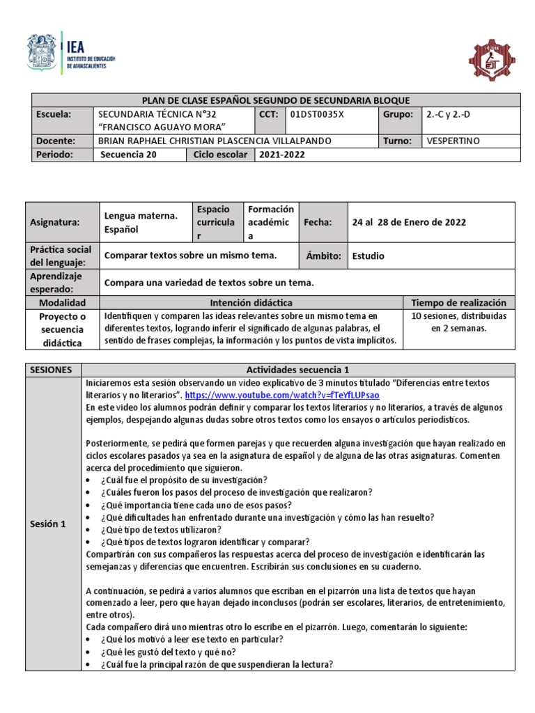 Plan de Clase Semana 20 Comparar Textos Segundo de Secundaria | PDF