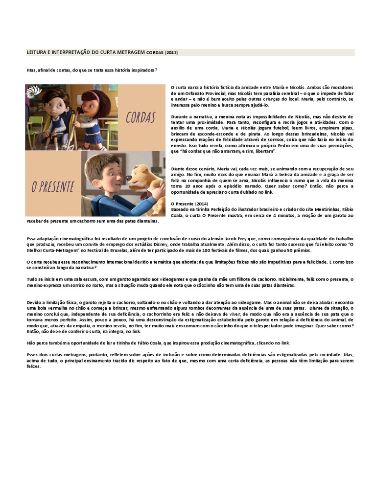 Leitura e Interpretação Do Curta Metragem Cordas | PDF | Deficiência | Cães