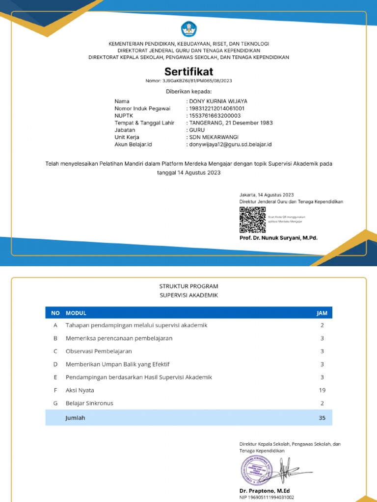 Sertifikat Supervisi Akademik | PDF