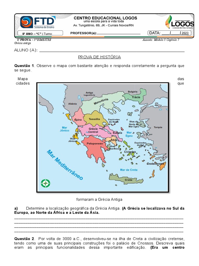 História 6º Ano 1 Prova 3º Bimestre (Regular) | PDF | Grécia Antiga ...