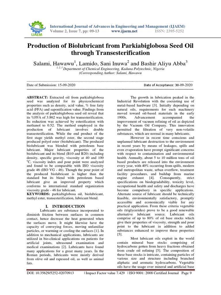 Production of Biolubricant From Parkiabiglobosa Seed Oil Through Transesterification | PDF ...