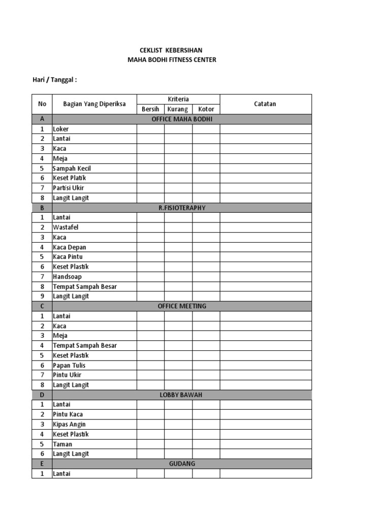 Ceklist Kebersihan | PDF
