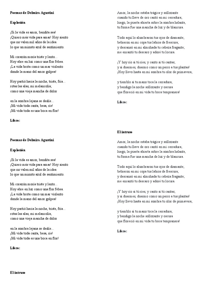 Poemas de Delmira Agustini (Eplosión, El intruso) | PDF