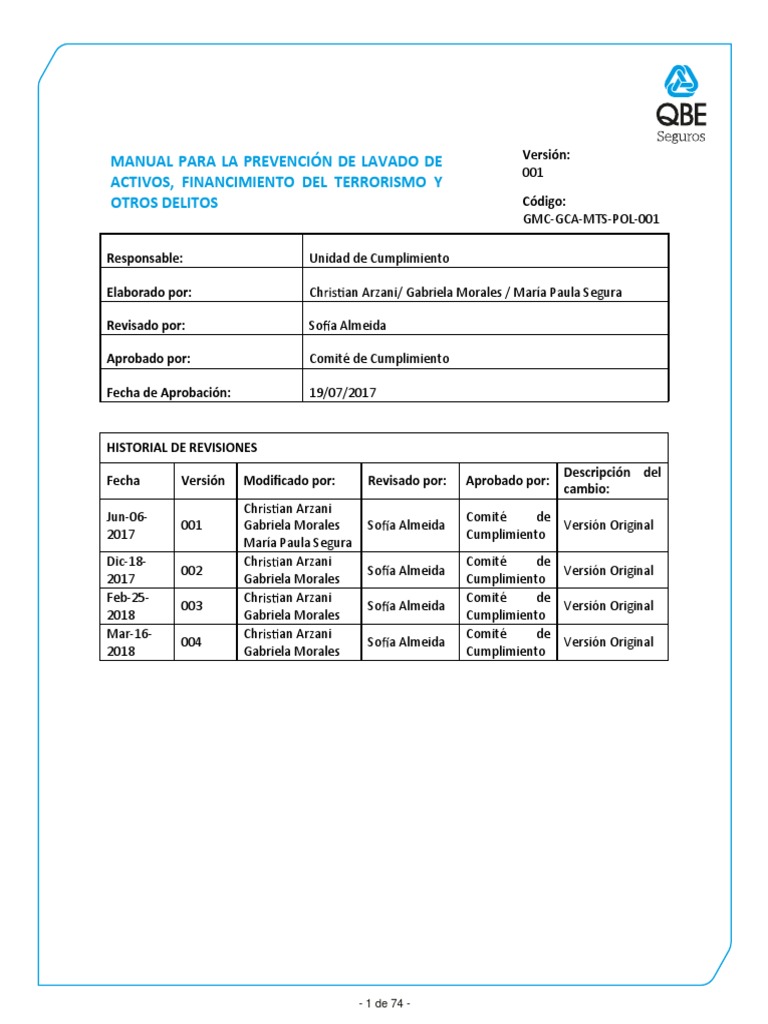 Manual Lavado Activos Financiamiento Del Terrorismo y Otros Delitos | PDF | Póliza de seguros ...