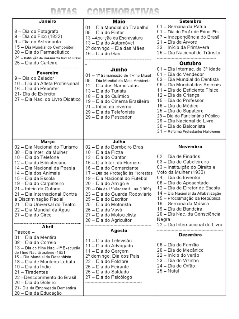 datas comemorativas do ano | PDF | Brasil