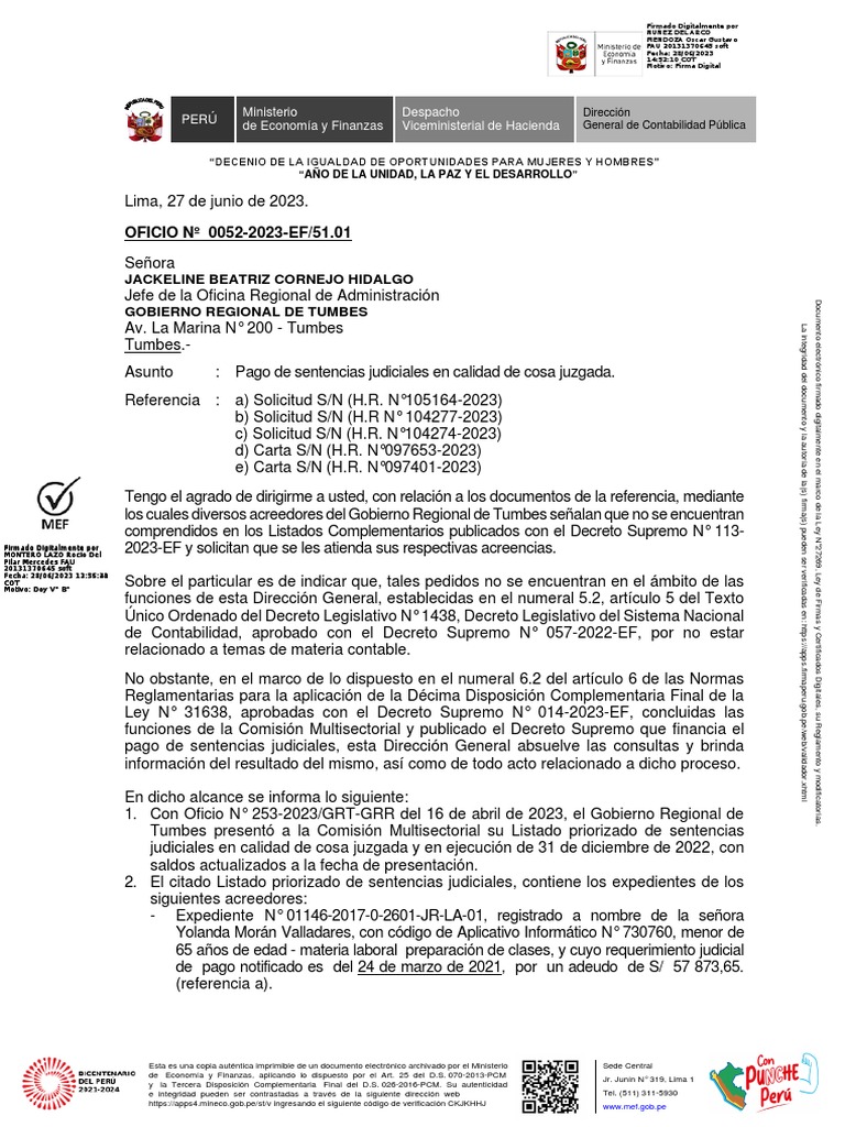 Oficio N 0052 2023 Ef 51.01 Gore Tumbes HR 104277 2023 | PDF | Contabilidad | Economias