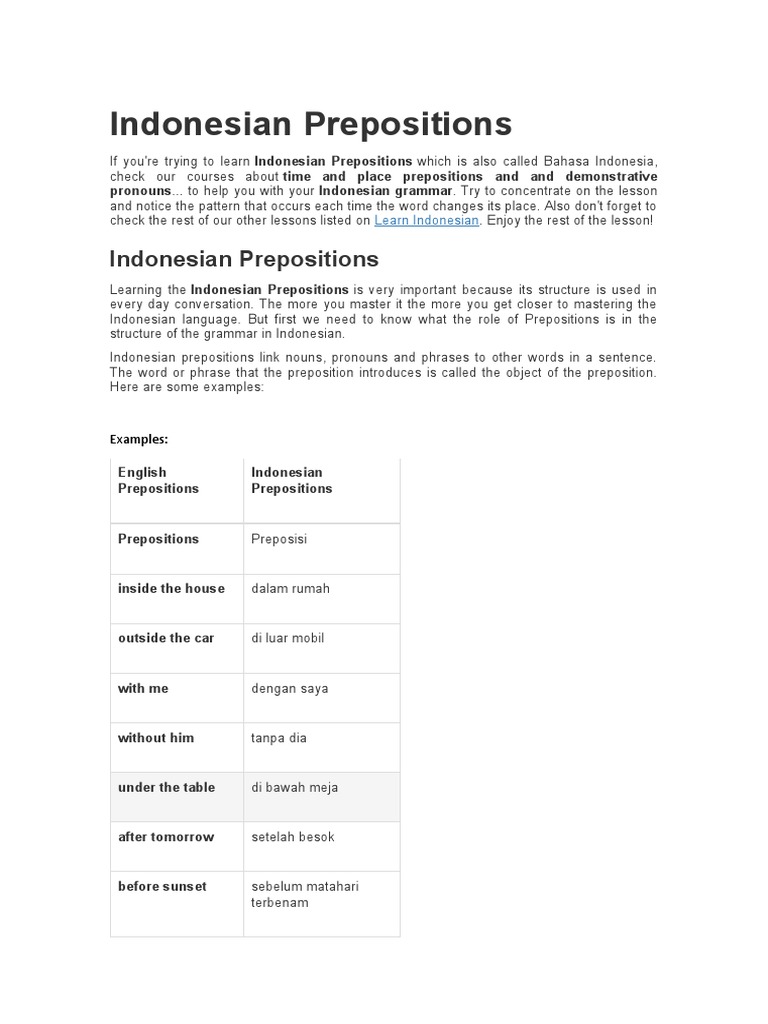 Preposiciones en Indonesio | PDF | Preposition And Postposition ...
