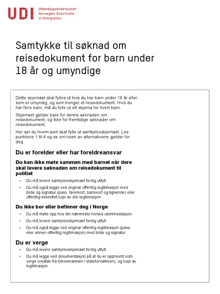 Samtykke Til Soknad Om Reisedokument For Barn - Umyndige - B | PDF