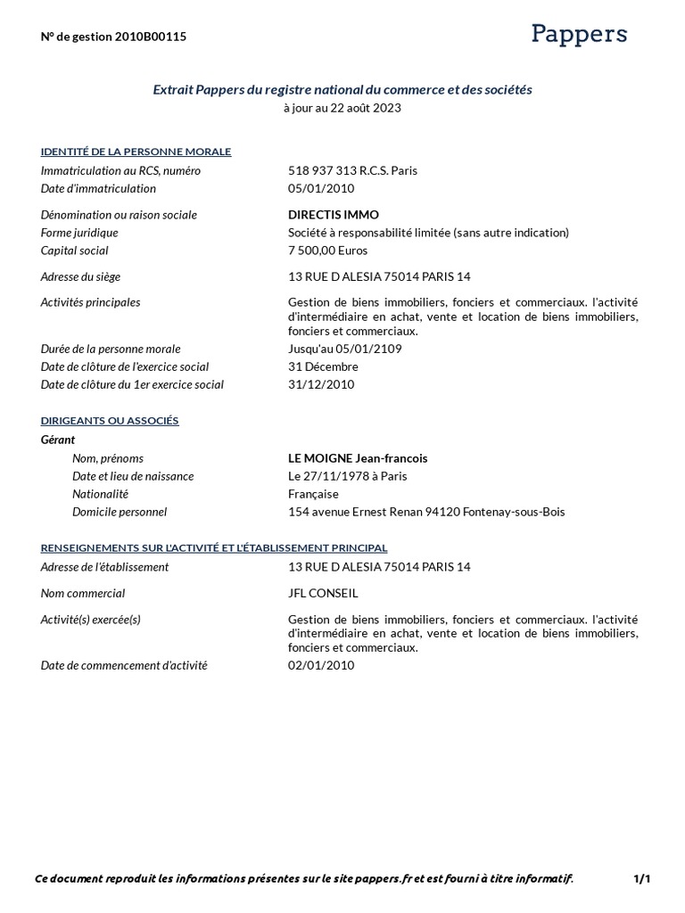 DIRECTIS IMMO - Extrait D'immatriculation | PDF