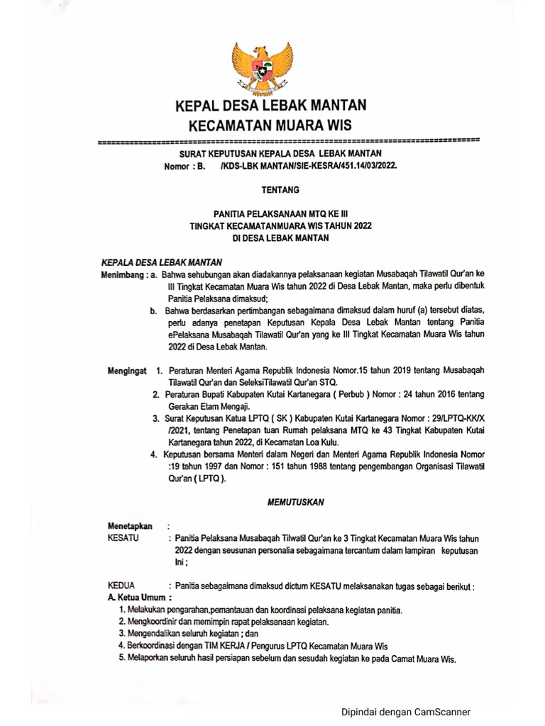 Contoh Sk. MTQ Tingkat Kec. | PDF