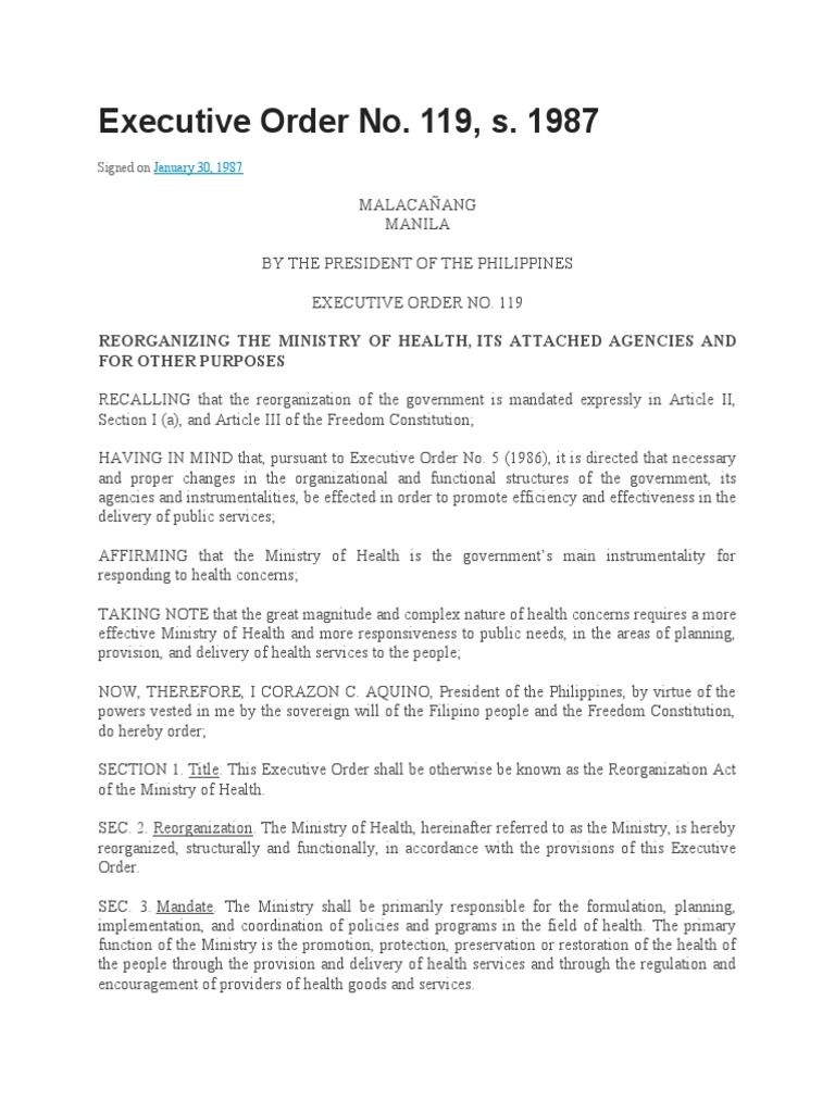 Executive Order No. 119, S. 1987: Reorganizing The Ministry of Health ...