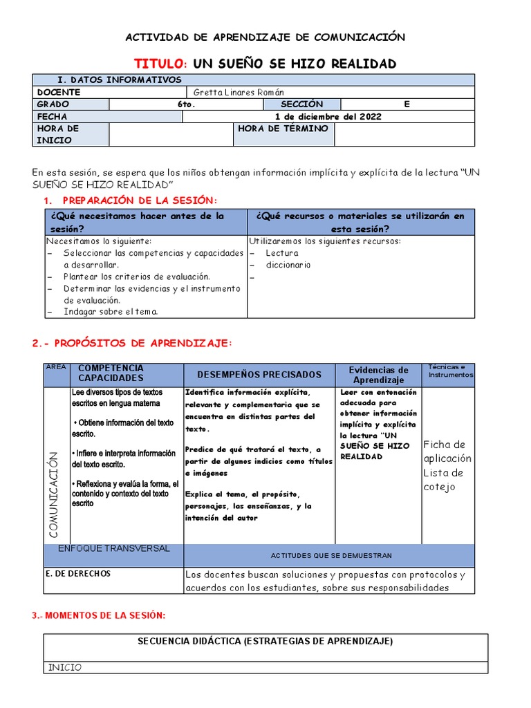 Actividad De Aprendizaje De Plan Lector Pdf