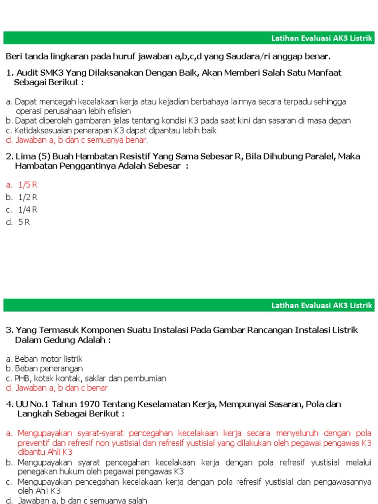 Lat Soal K3 Listrik - T2 - IWS30 - Ahli + Jawaban | PDF | Metode & Bahan Ajar | Sains & Matematika