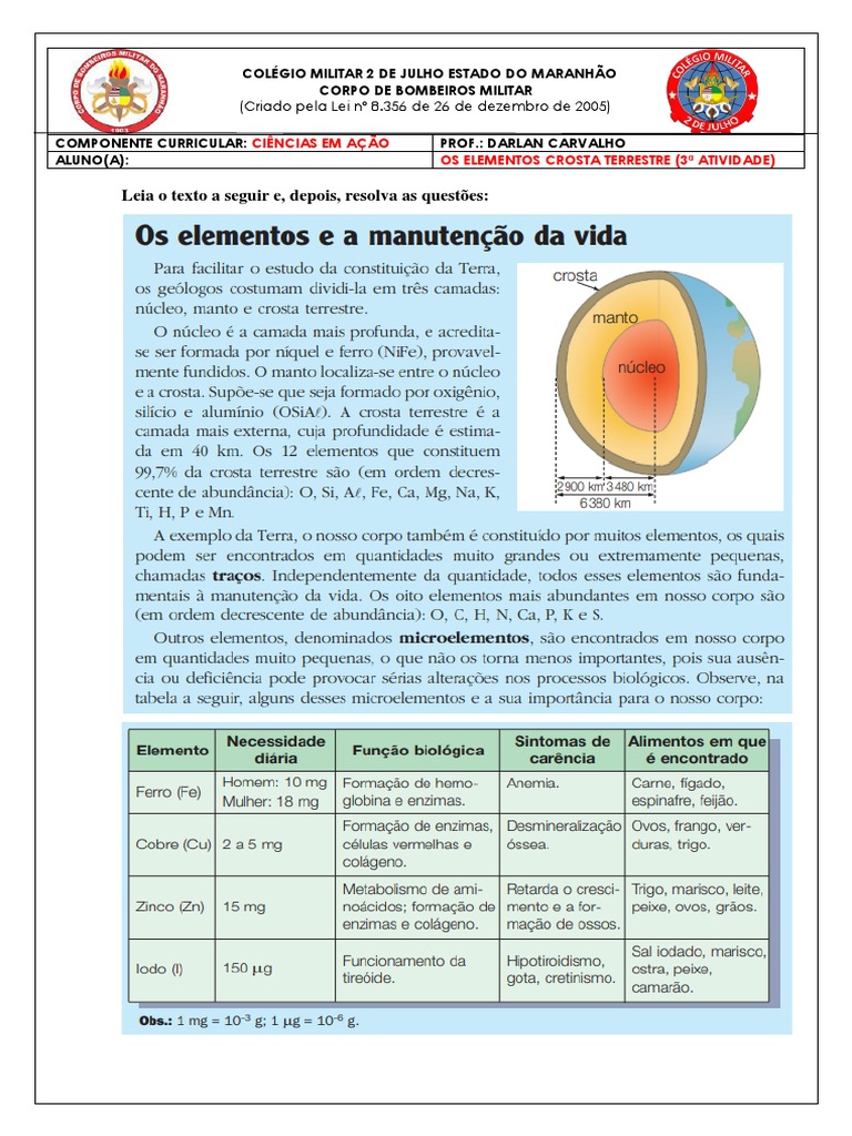 EXERCÍCIO TAB. PERIÓDICA - CROSTA TERRESTRE | PDF