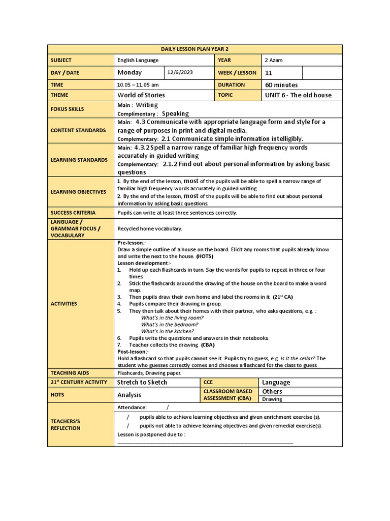 DAILY LESSON PLAN YEAR 2 w11 | PDF | Lesson Plan | Teachers DAILY LESSON PLAN YEAR 2 w11 | PDF | Lesson Plan | Teachers