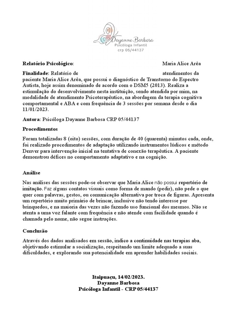 Relatório Psicológico: Terapia ABA para TEA | PDF