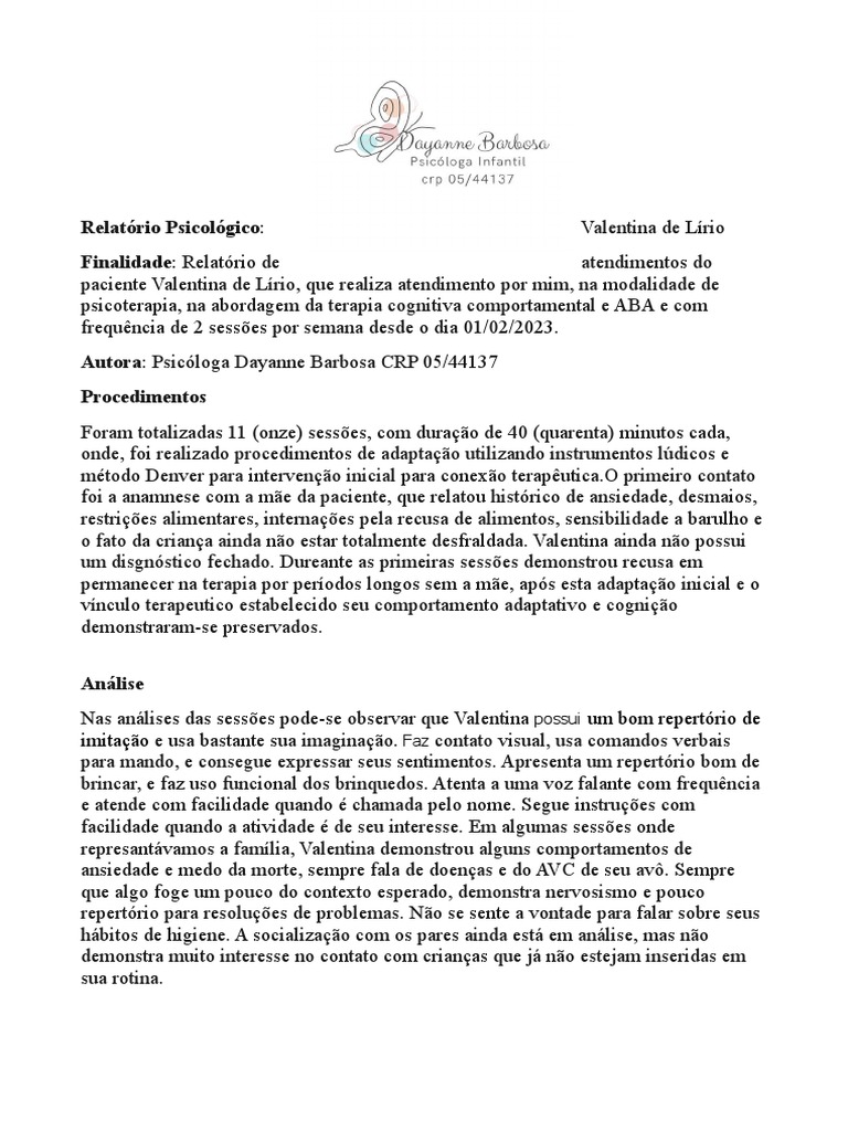 Relatório Psicológico Danilo | PDF | Psicologia | Ansiedade
