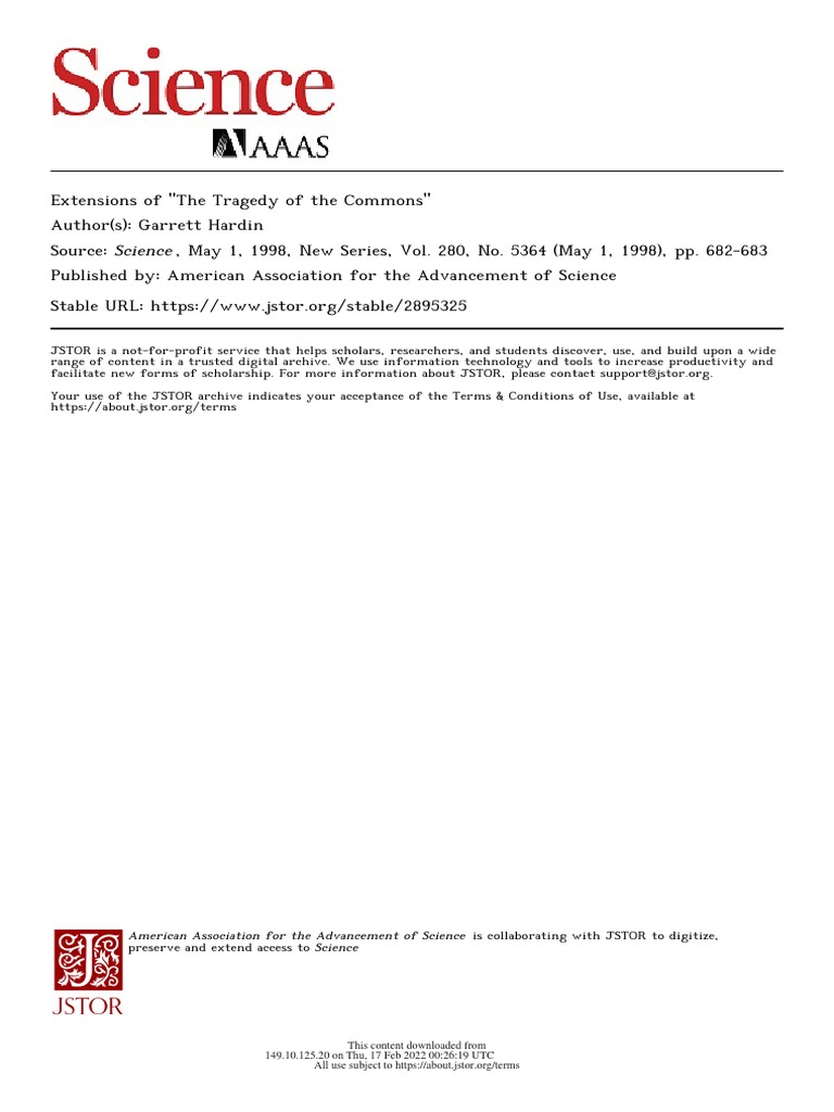 Hardin Garrett - Extensions of The Tragedy of The Commons 1998 May | PDF