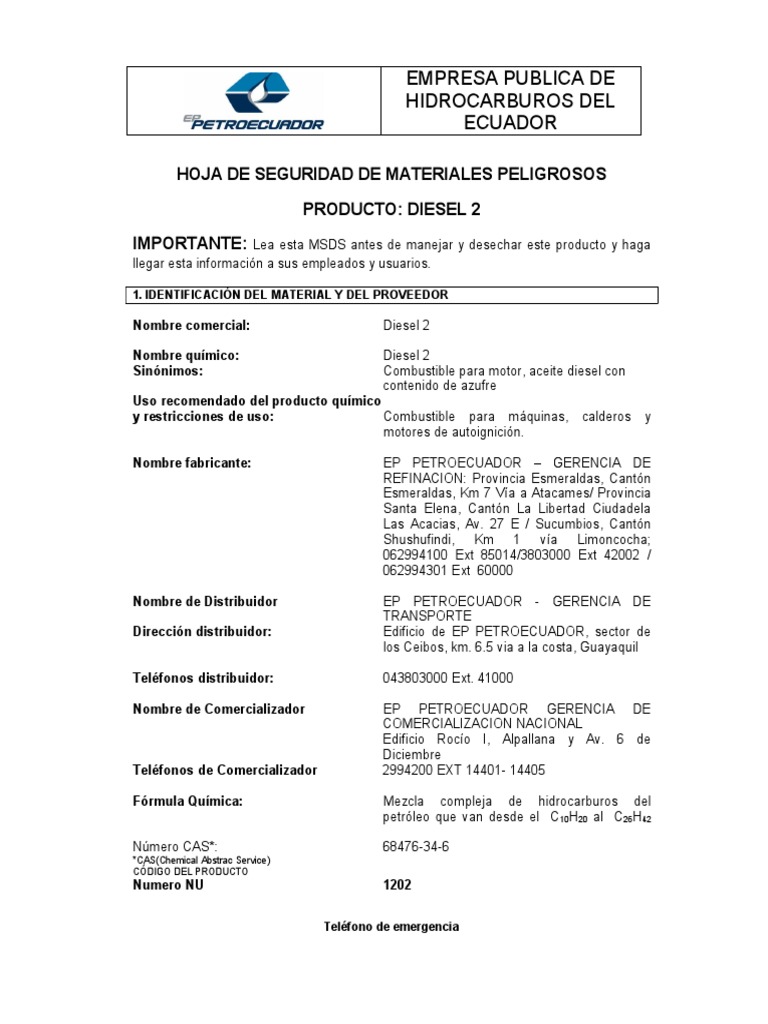 Hoja de Seguridad Diesel 2 | PDF | Residuos | Solubilidad