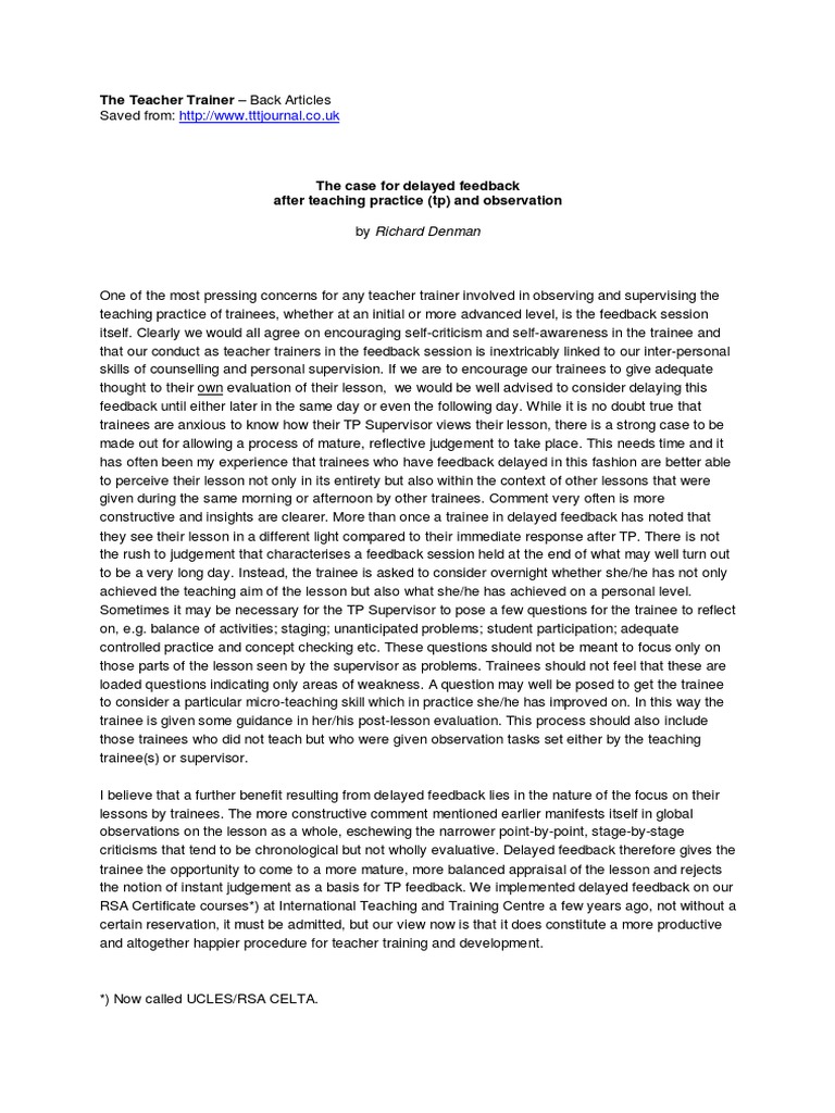 Delayed Feedback After TP and Observation | PDF