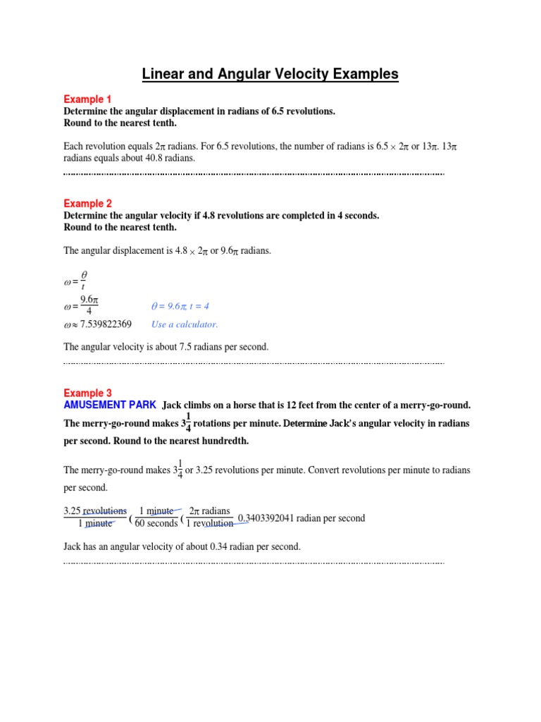 Linear And Angular Velocity Examples Pdf Science And Mathematics 4704