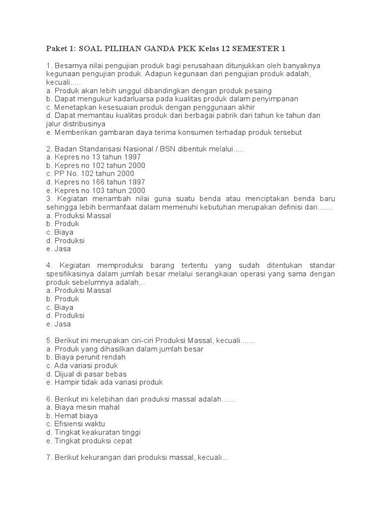 Soaln Pilihan Ganda KLS Xii PKK | PDF