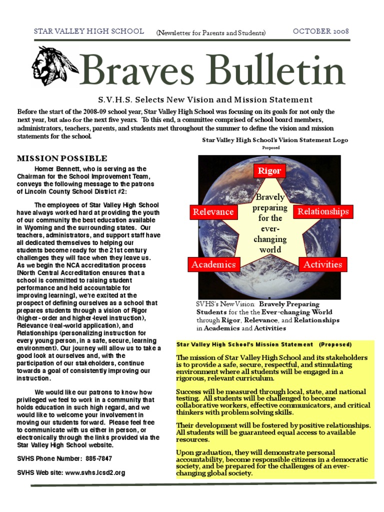 Braves Bulletin: S.V.H.S. Selects New Vision and Mission Statement | PDF