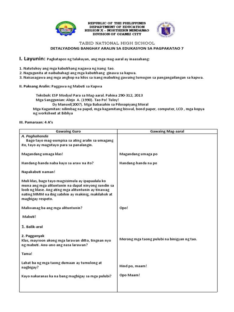 Lesson Plan Esp Paggawawa NG Mabuti Sa Kapwa | PDF