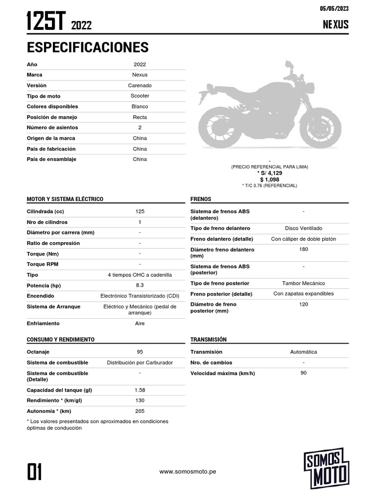 Scooter Nexus 125T 2022: Especificaciones y Precio | PDF