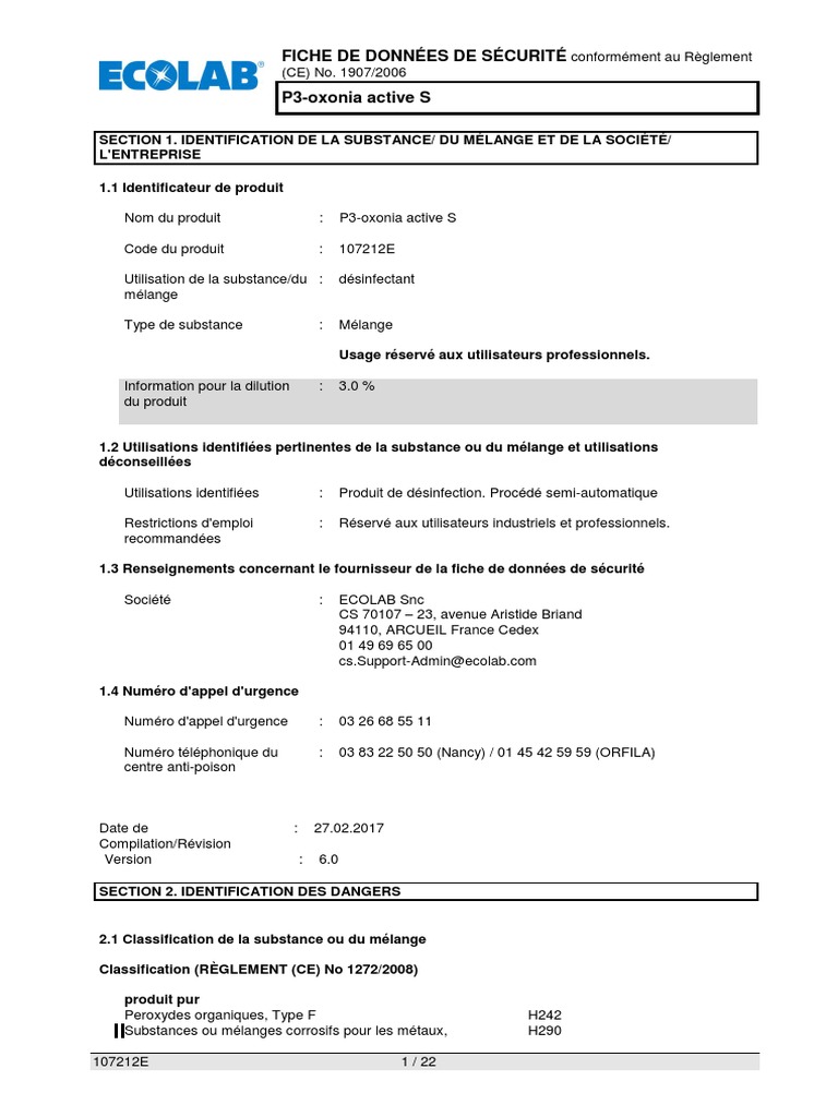 Ecolab P3 Oxonia Active S FDS FR 17-07-14 | PDF