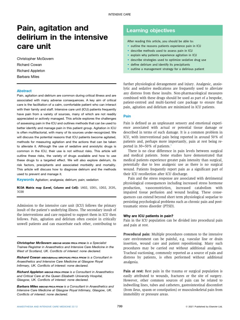 Pain, Agitation and Delirium in The ICU. 2021 | PDF | Intensive Care ...