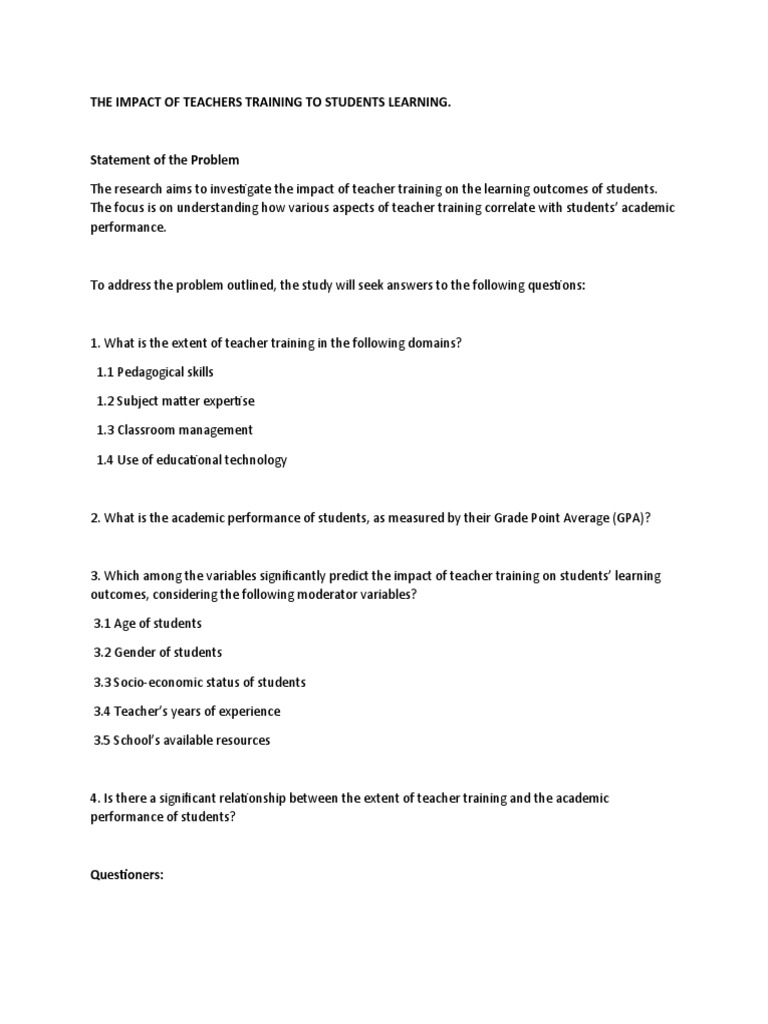 Statement of The Problem (GRADE12 TVL AUTO) | PDF | Teachers | Teacher ...