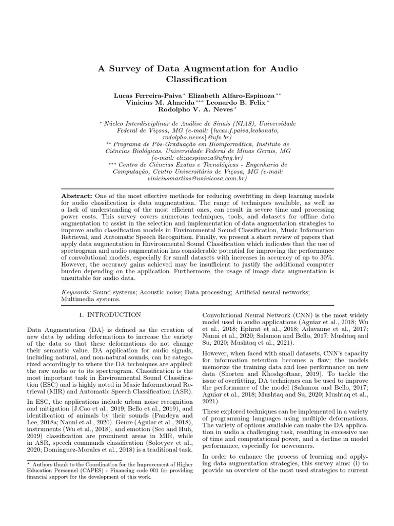 A Survey of Data Augmentation For Audio Classification | PDF