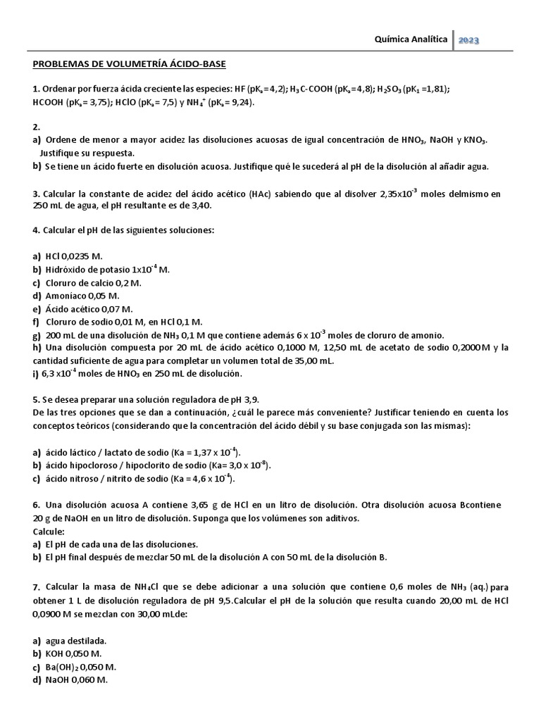 Problemas de Volumetria Acido-Base - Quimica Analitica | PDF