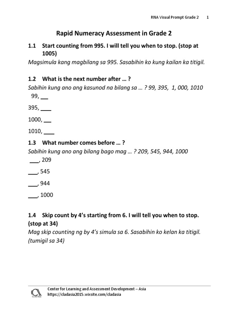 Visual Prompt Grade 2 Rapid Numeracy Assessment Final Copy | PDF