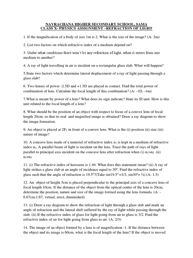 Refraction of Light- Worksheet (1) | PDF