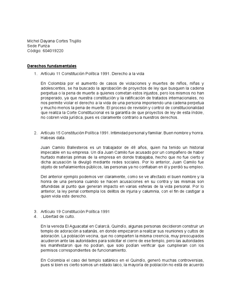 Derechos Fundamentales Constitución 1991 Pdf Violación Salario