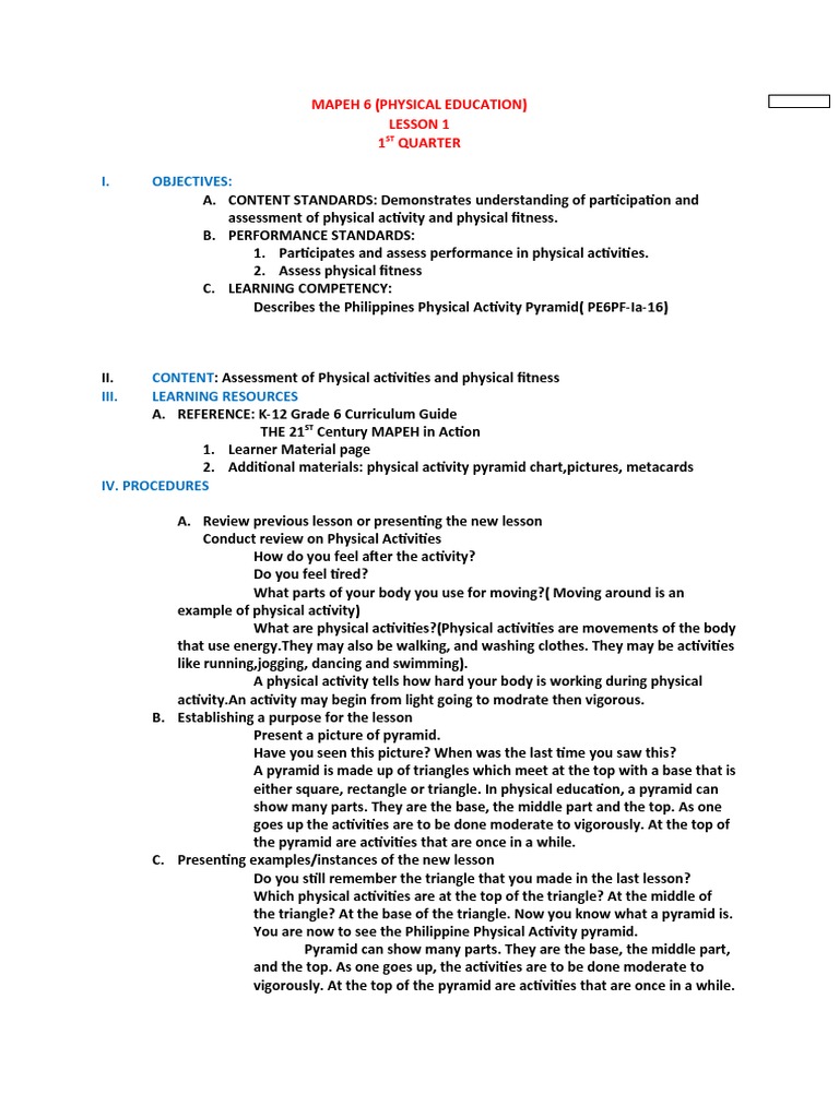 1st Q P.E. Exemplar | PDF | Physical Fitness | Physical Education