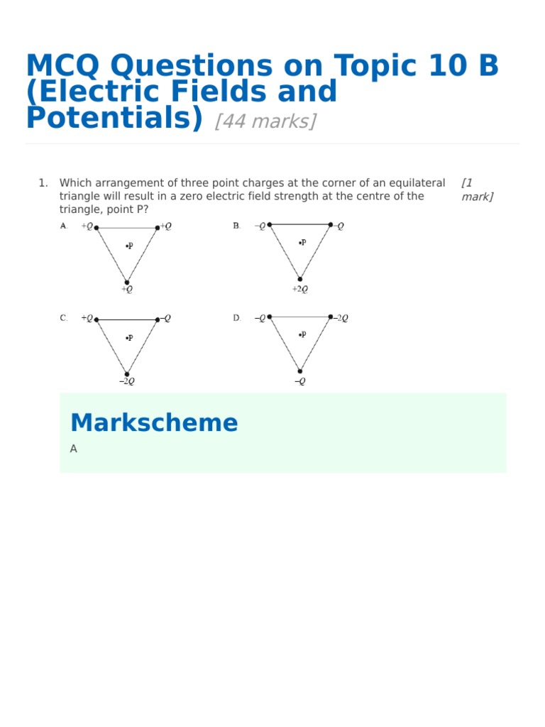 MCQ Questions On Topic 10 B Electric Fields and Potentials | PDF | Electron | Electric Field