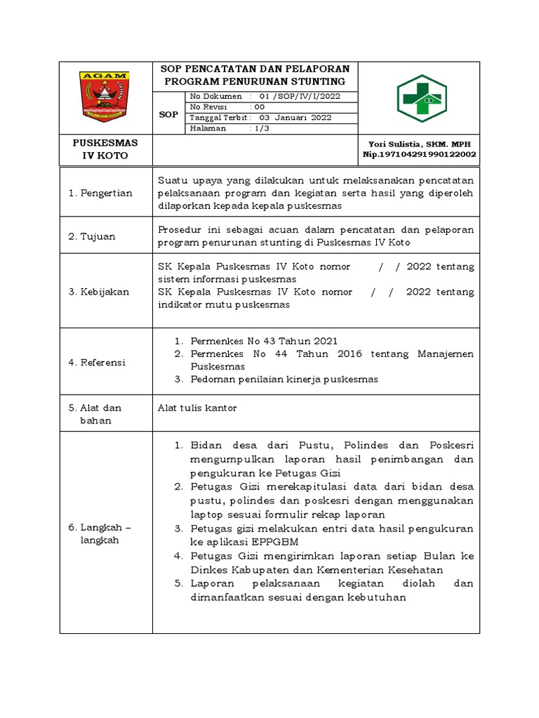 Sop Pencatatan Dan Pelaporan Program Penurunan Stunting | PDF