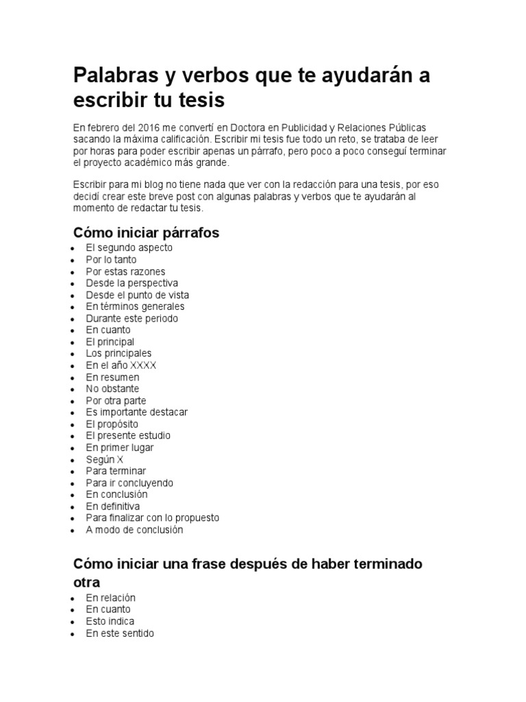 Palabras y Verbos Que Te Ayudarán A Escribir Tu Tesis | PDF