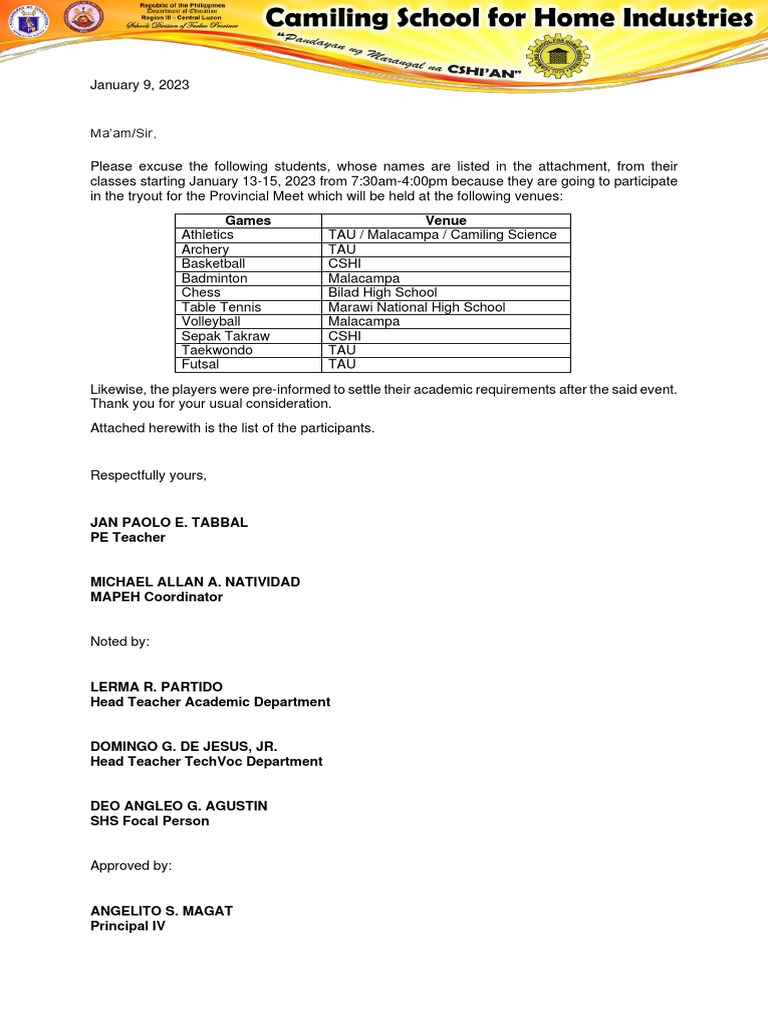 Players Excuse Letter | PDF