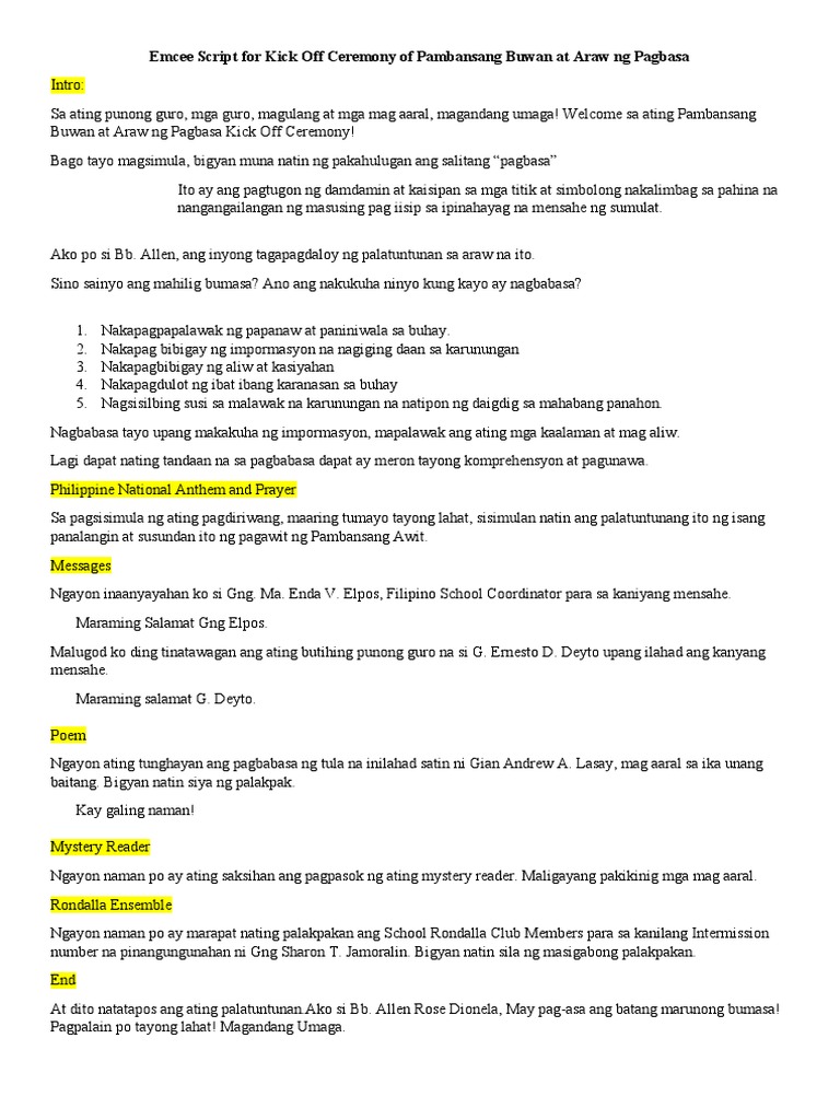 Emcee Script For Kick Off Ceremony of Pambansang Buwan at Araw NG ...