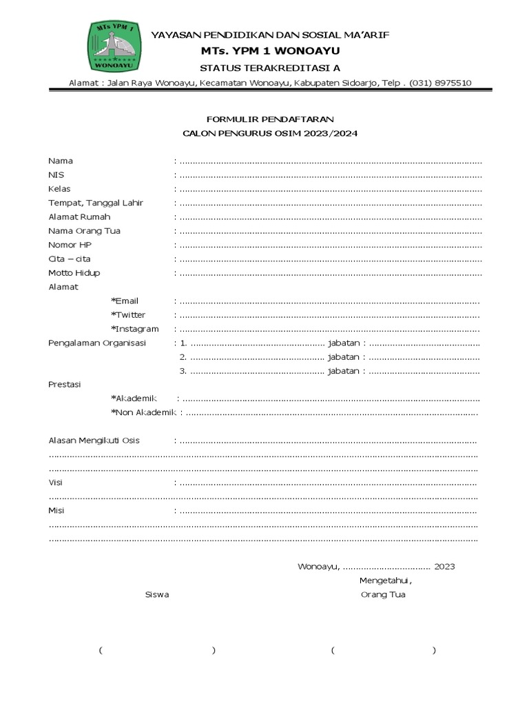 Formulir Pendaftaran Osim 2023 2024 | PDF