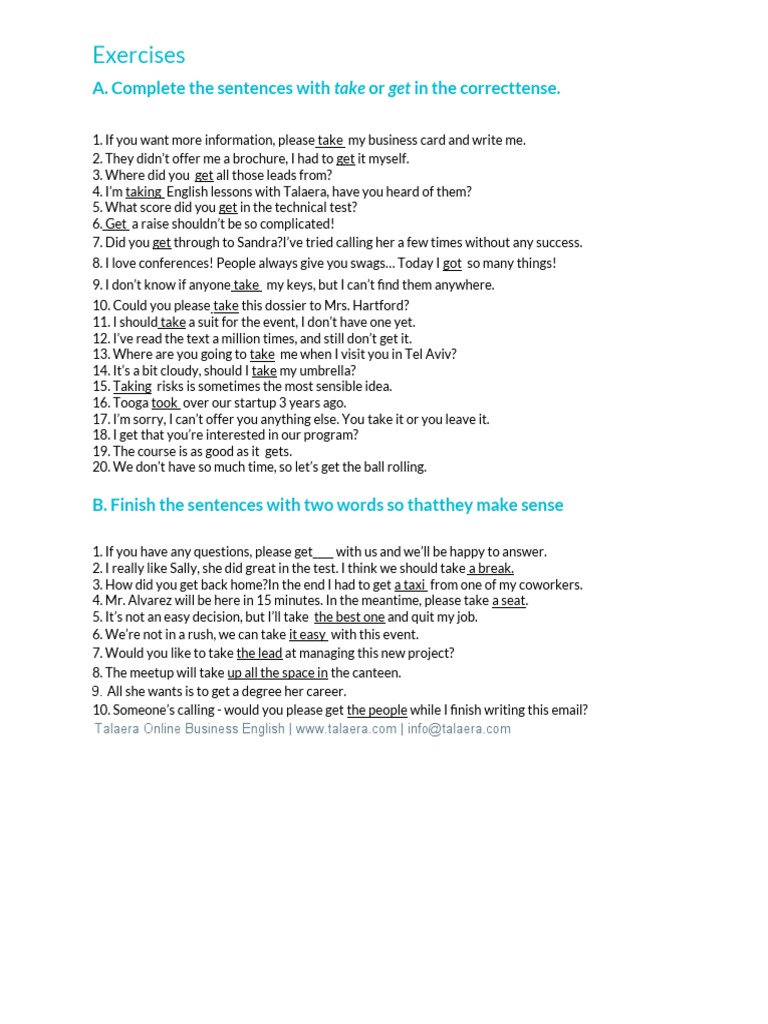 Take Vs Get Exercises (No ANSWER KEY) | PDF
